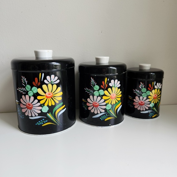 Kitchen | Vintage Ransburg Toleware Canister Set Hand Painted Black ...